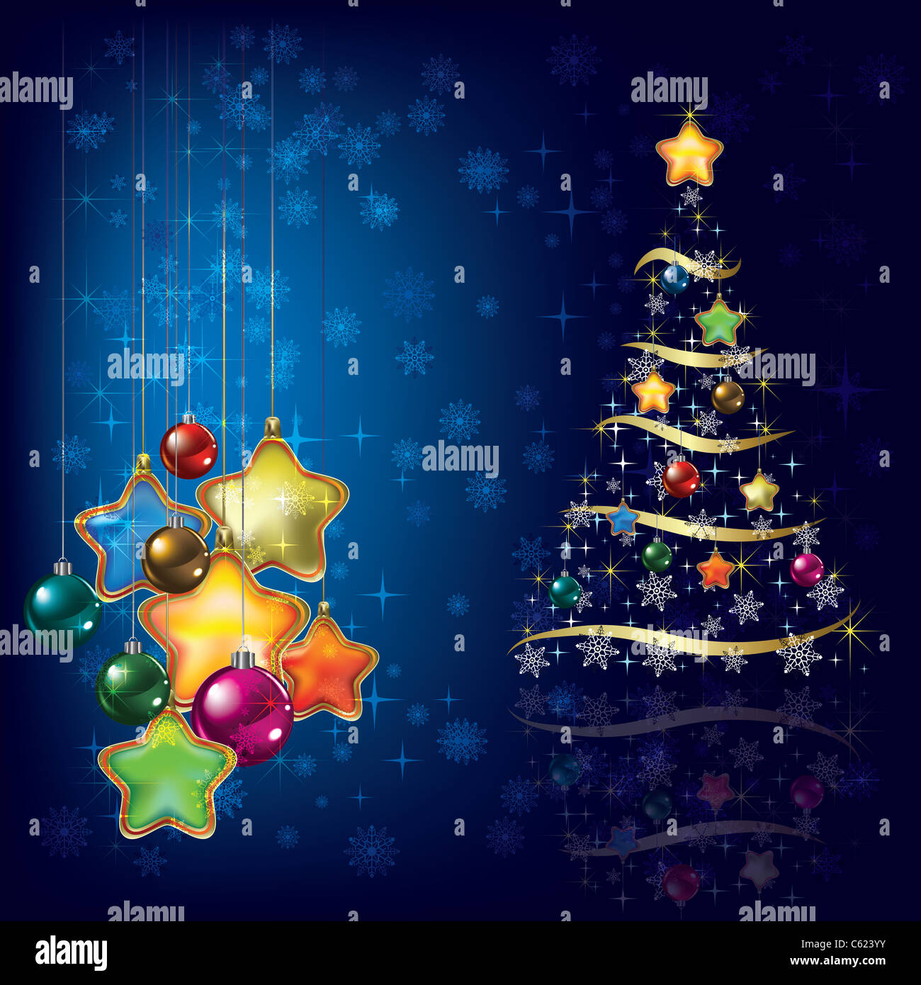 Christmas tree with decorations on blue background Stock Photo - Alamy