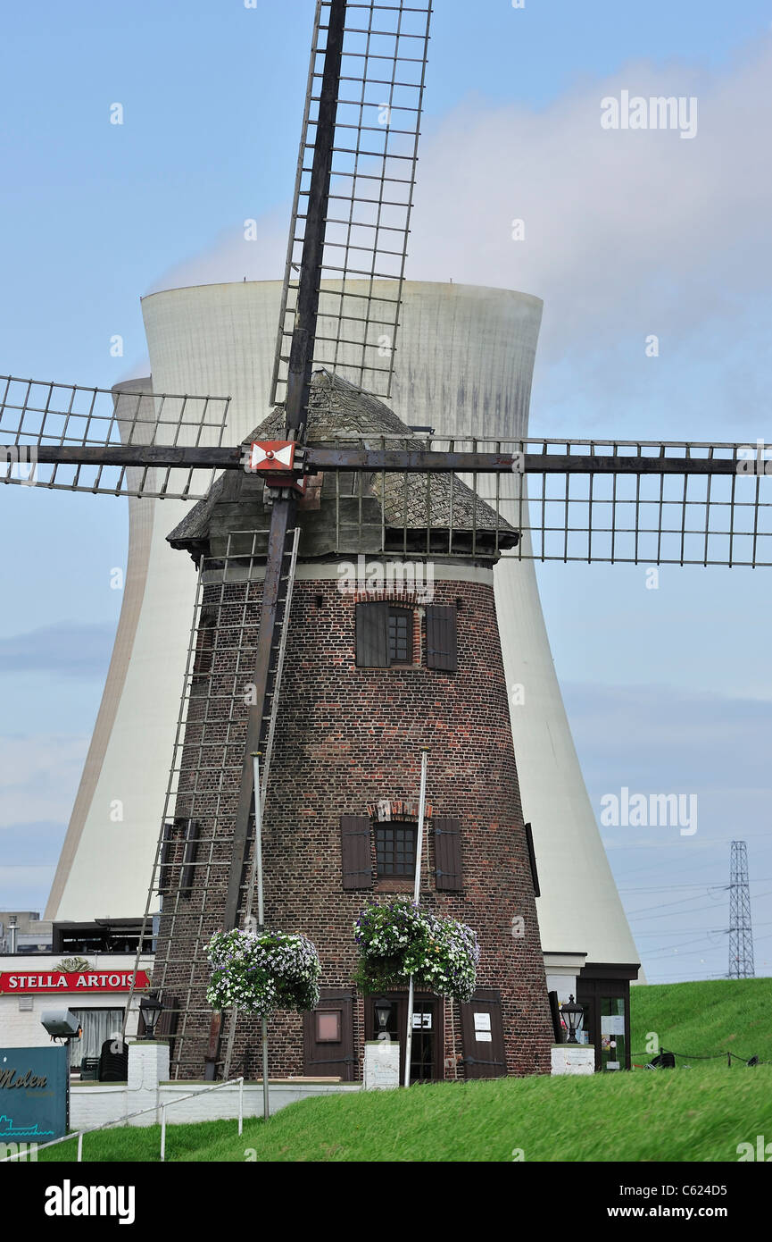The windmill Scheldedijkmolen and cooling towers of the Doel Nuclear ...