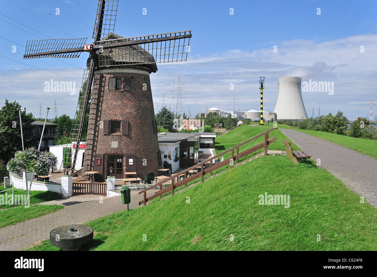 The windmill Scheldedijkmolen and cooling towers of the Doel Nuclear ...