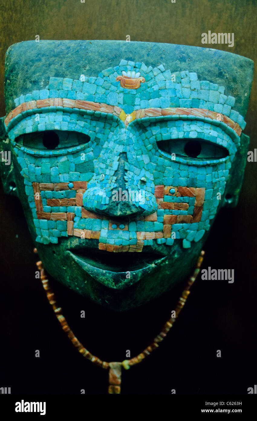 Turquoise stone masaic maya mask in Mexico. Museum of Antropology Stock ...