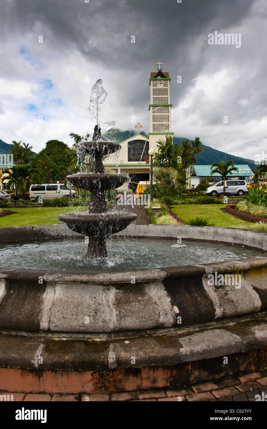 City Park and Catholic Church in La Fortuna, Costa Rica, with Arenal ...