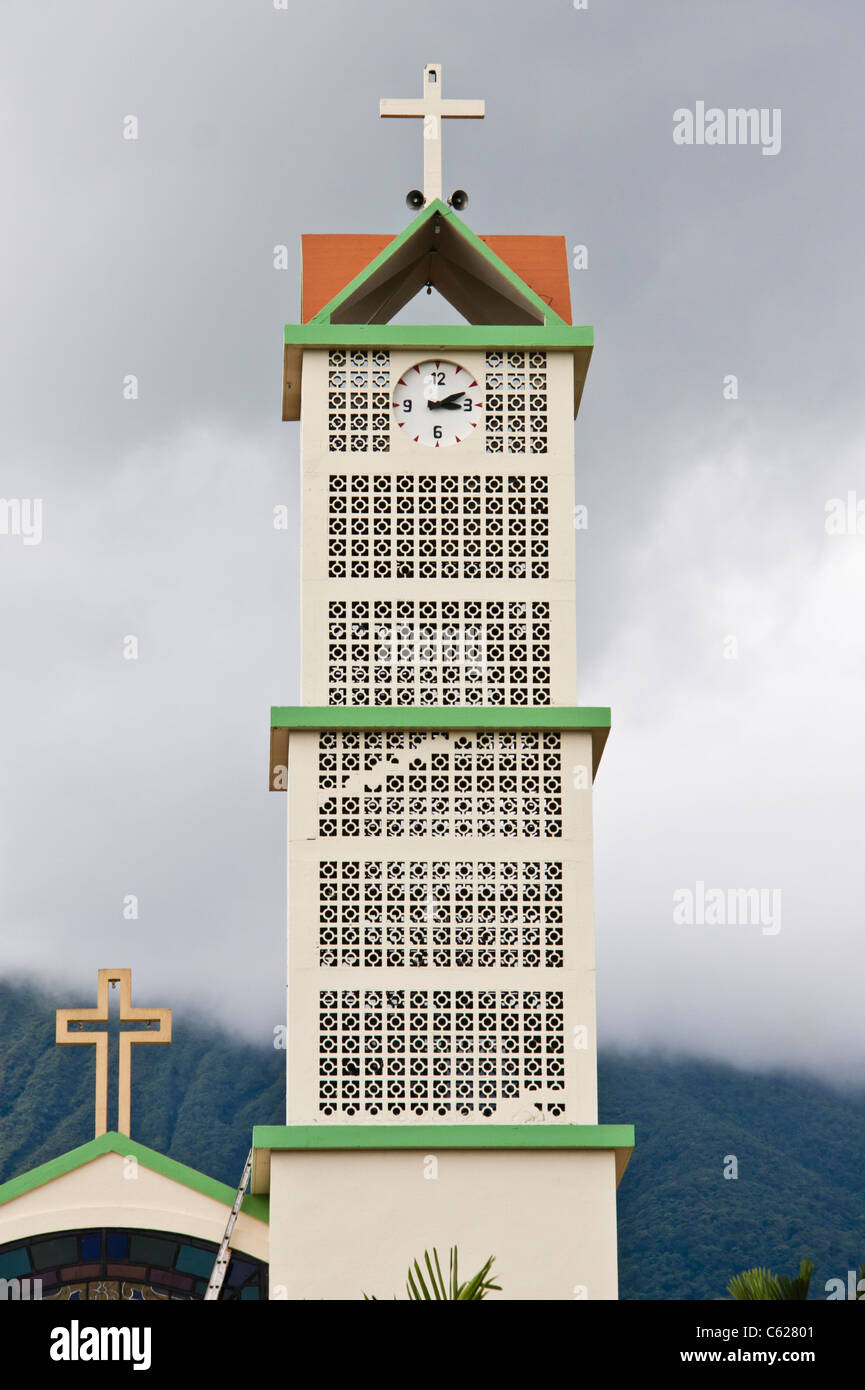 Catholic Church in La Fortuna, Costa Rica, with Arenal Volcano in the ...