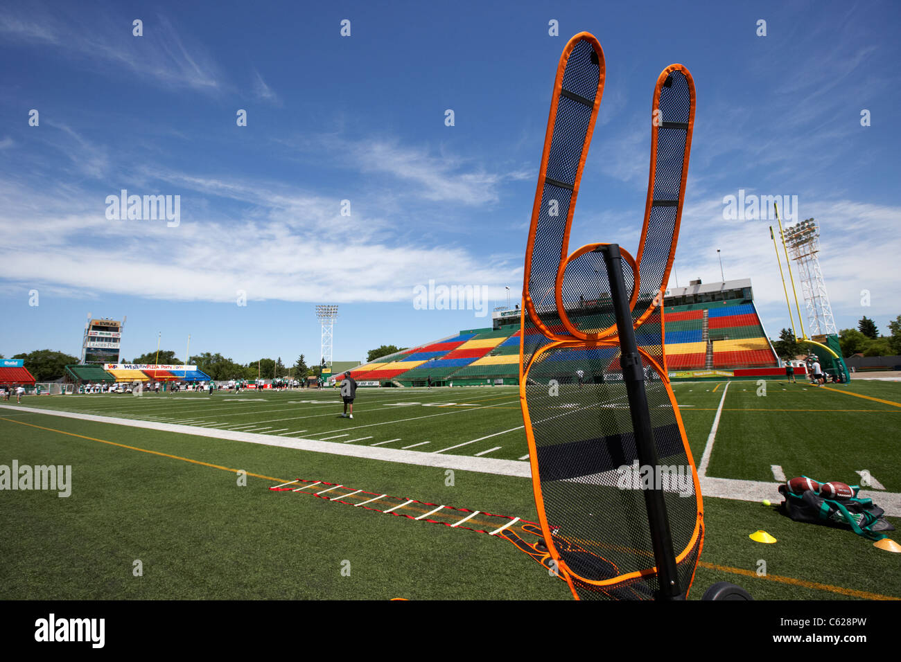 portable defender dummy on the sideline at saskatchewan roughriders pre ...