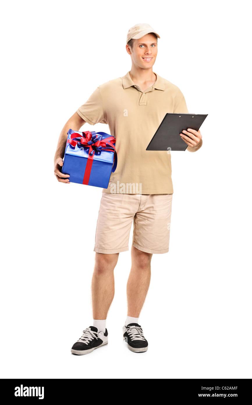 Full length portrait of a delivery person delivering a gift Stock Photo ...