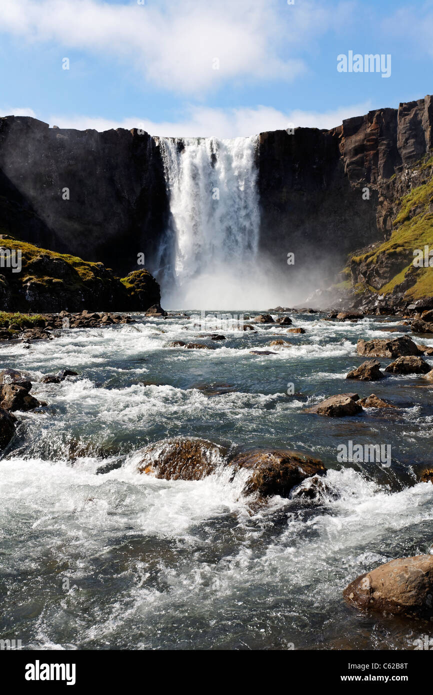 Gufufoss waterfall above the village of Seydisfjordur, Eastern Fjords ...
