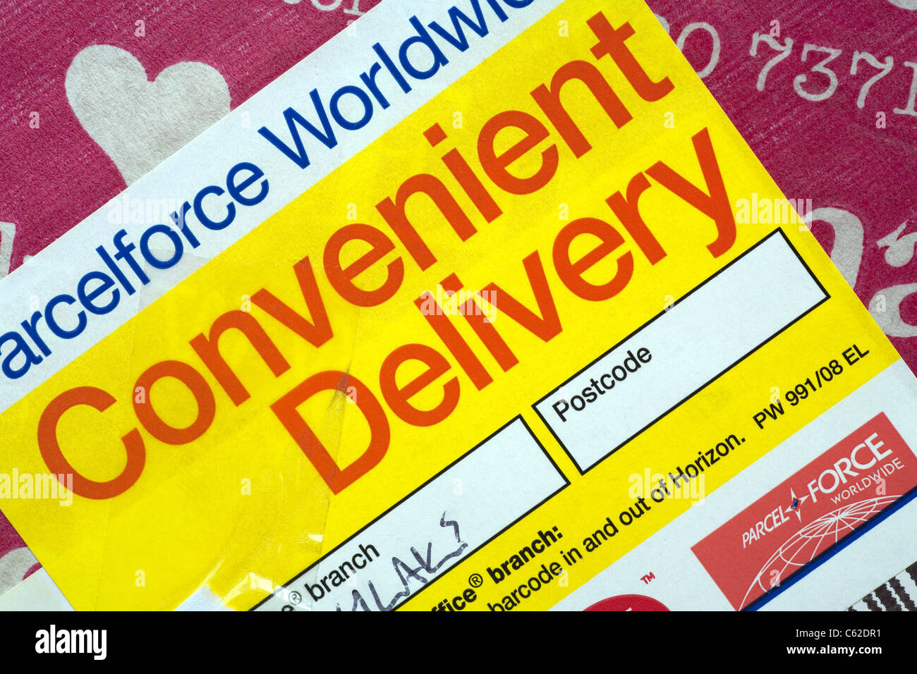 Close up image of the delivery label on a parcel force package Stock ...