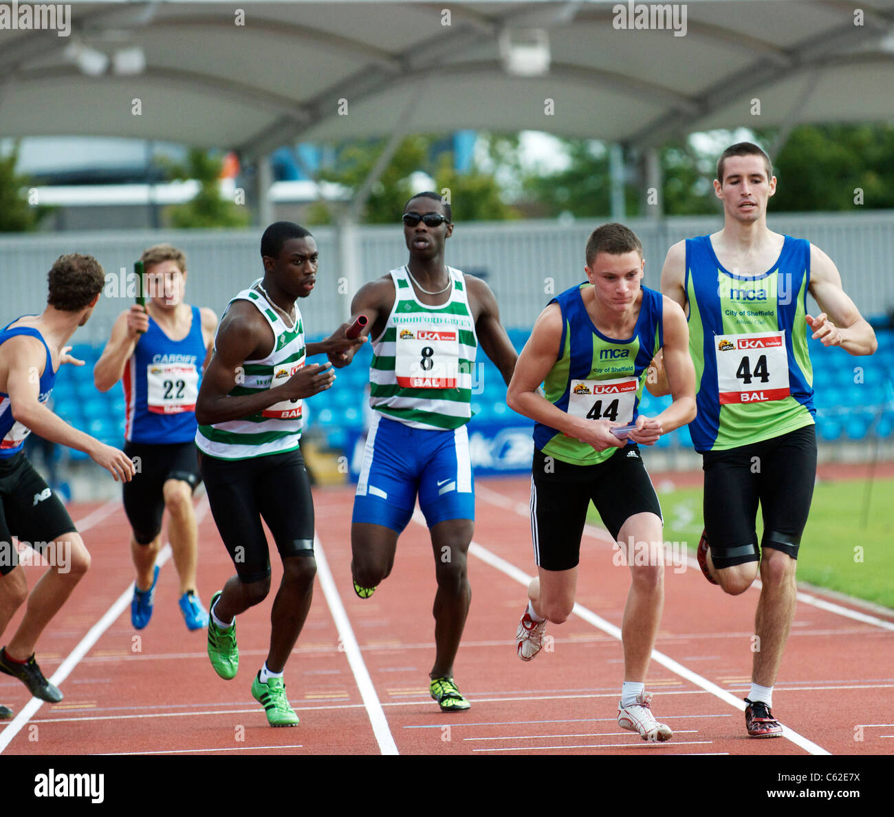 hand-over during a 4x 400 metres relay-race at sportcity manchester ...