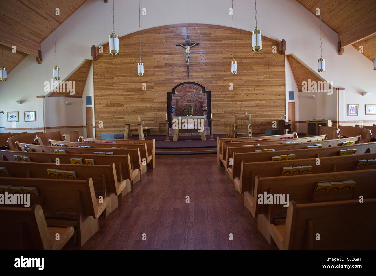Inside altar view in Holy Rosary Church located on Oglala Lakota Sioux Indian Pine Ridge ...
