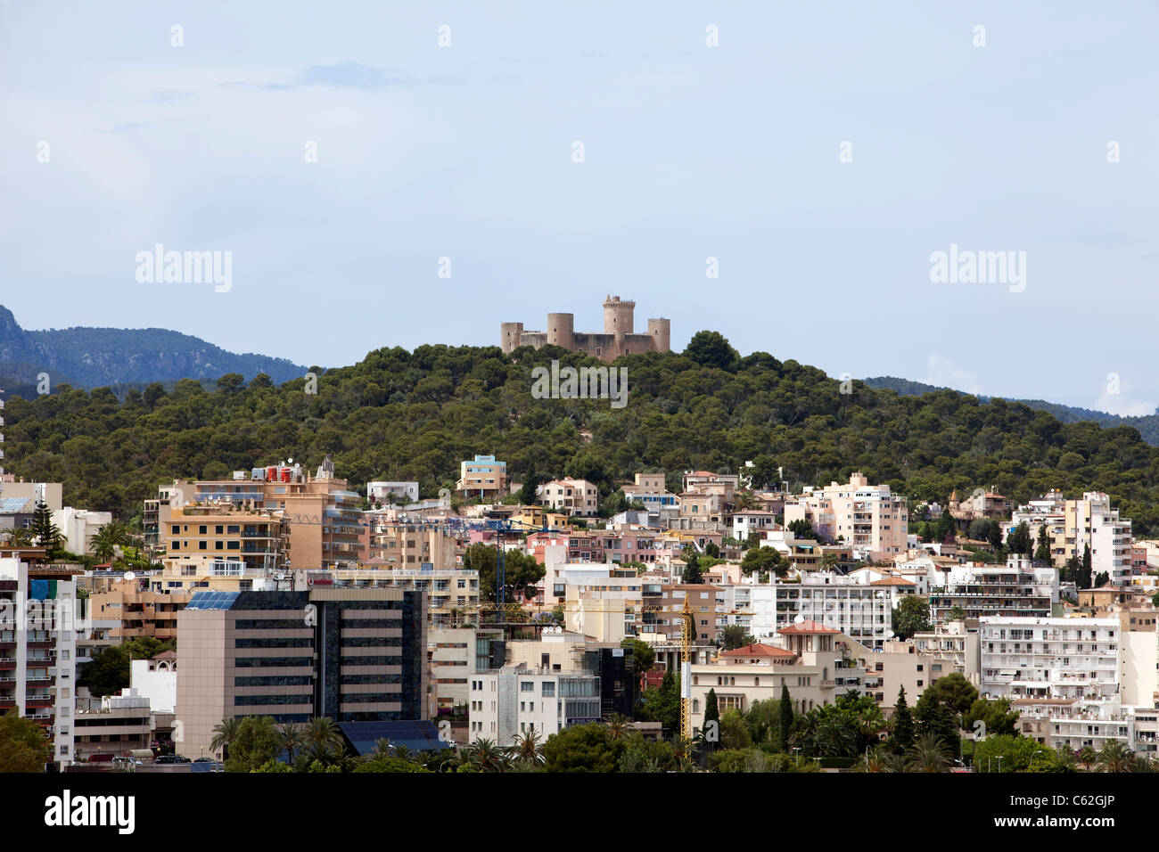 Palma Mallorca historic Bellver Castle high on hill overlooking the ...