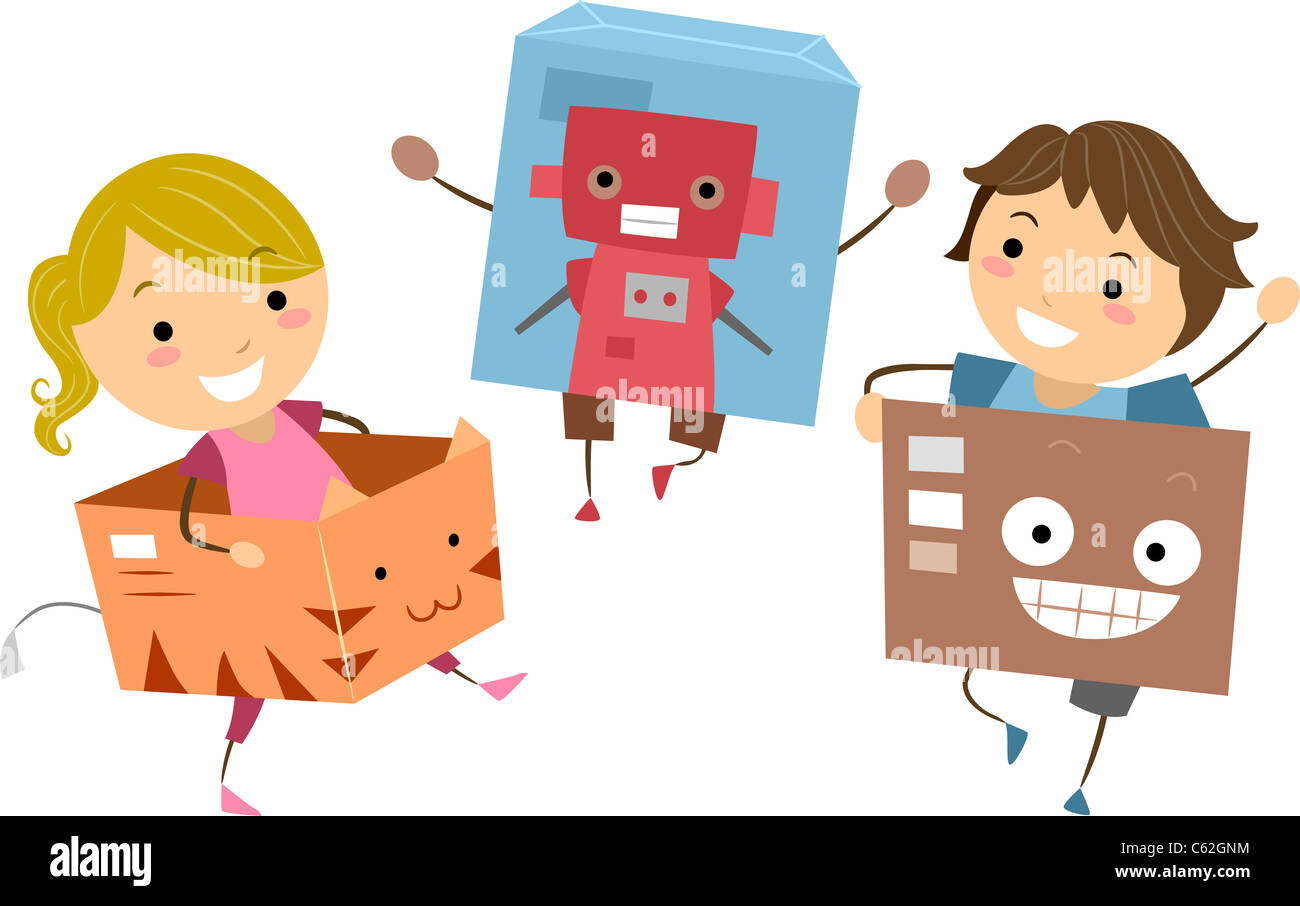 Illustration of Kids Playing with Boxes Stock Photo - Alamy