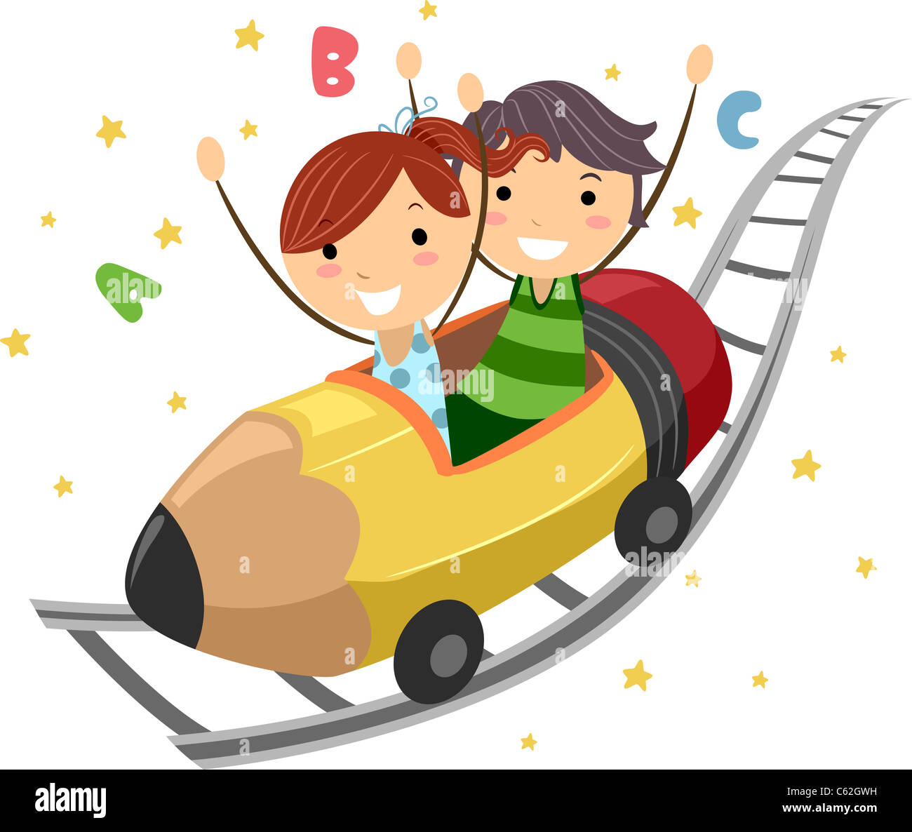 Illustration of Kids Riding on a Pencil Ride Stock Photo - Alamy