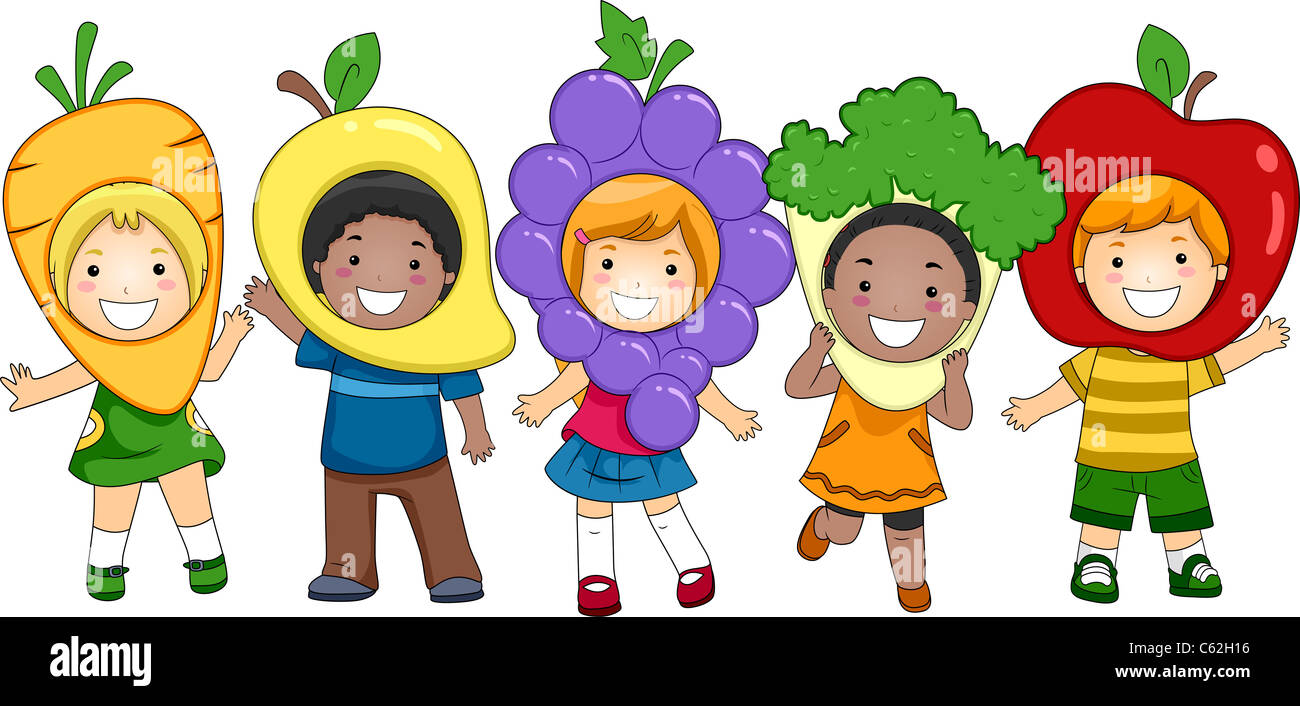 Illustration of Kids Dressed as Fruits and Vegetables Stock Photo - Alamy