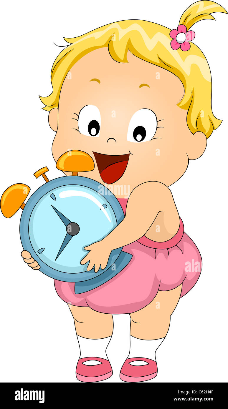 Illustration of a Toddler Carrying an Alarm Clock Stock Photo - Alamy