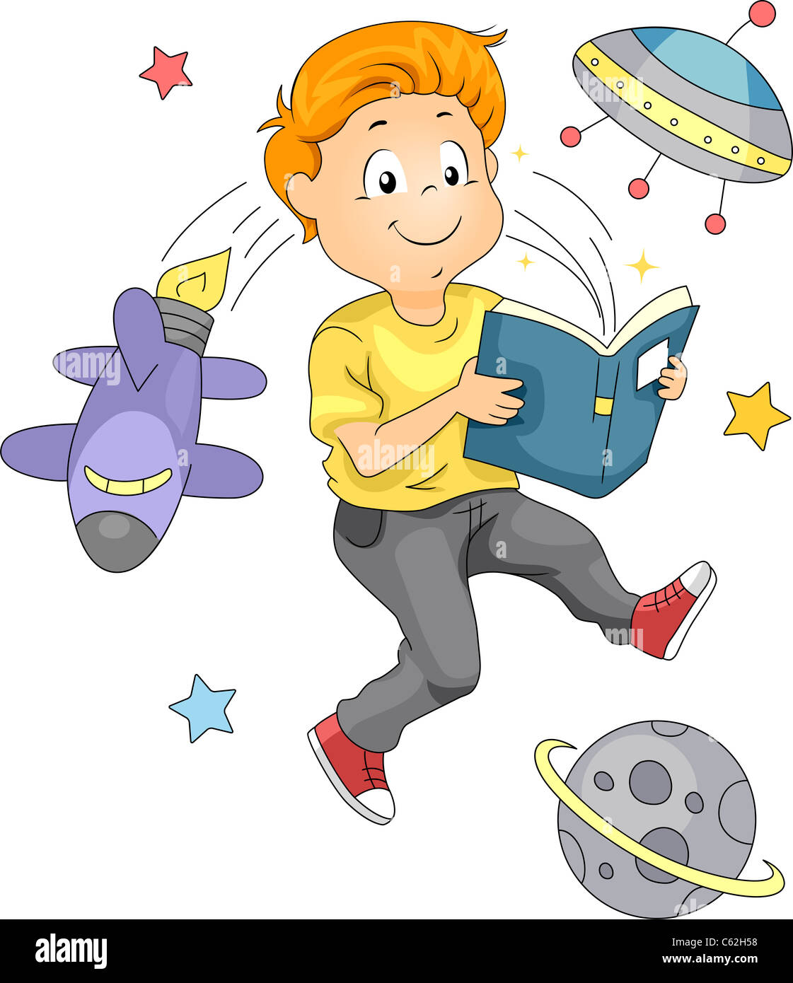 Illustration of a Kid Reading a Space-themed Book Stock Photo - Alamy