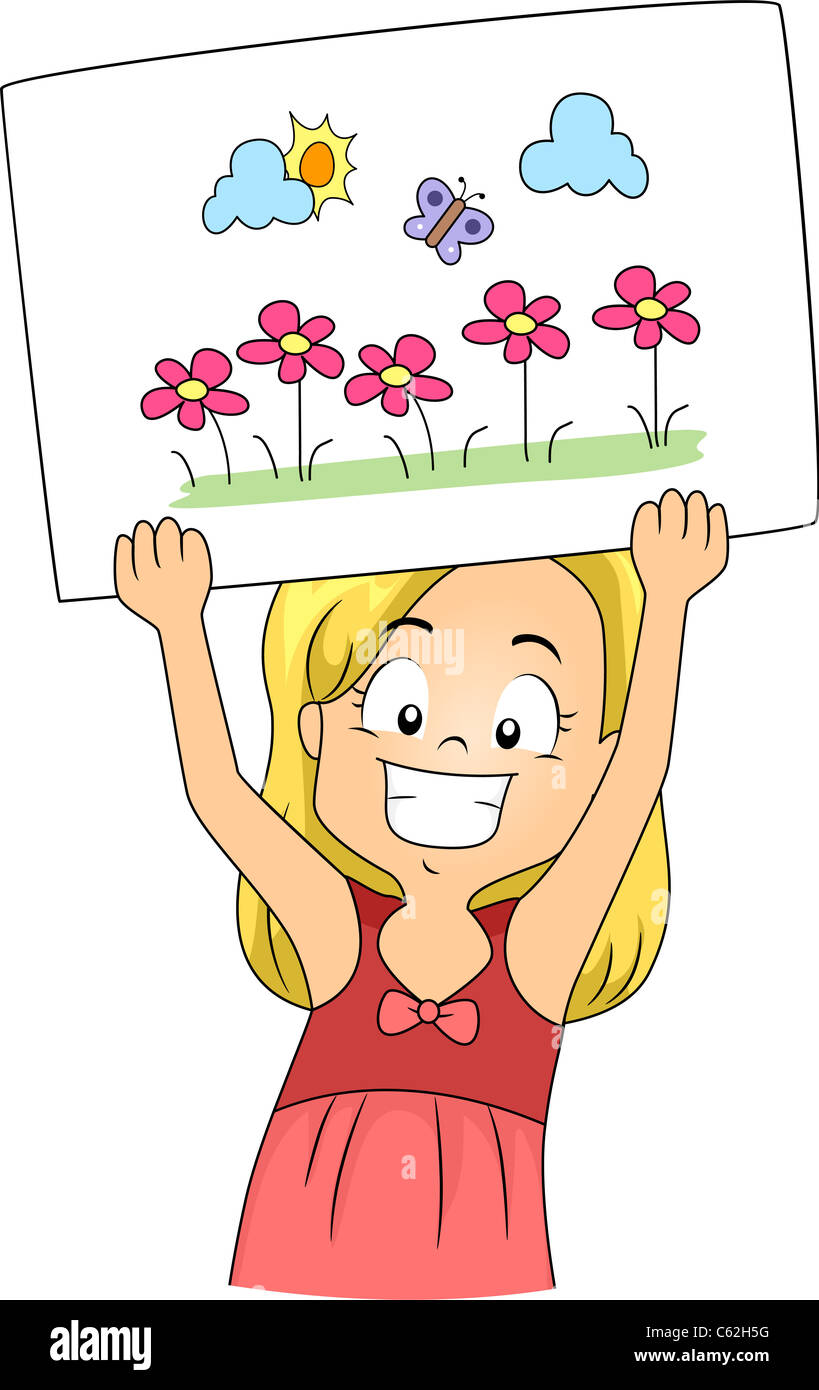 Illustration of a Kid Showing Her Drawing Stock Photo - Alamy