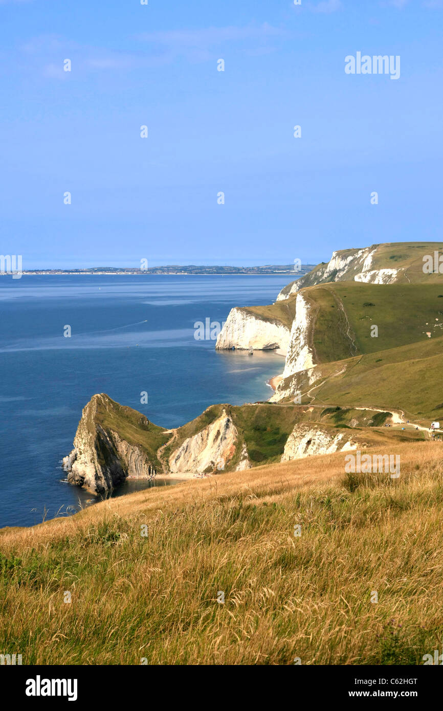 The chalk cliffs of the Purbeck hills on the South Coast in Dorset ...