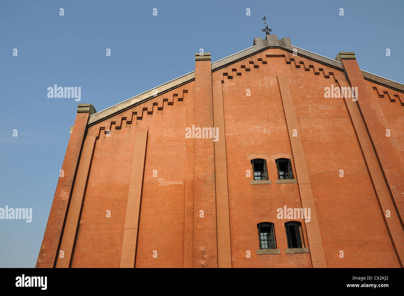 Yokohama port famous red brick warehouse building fragment over blue ...