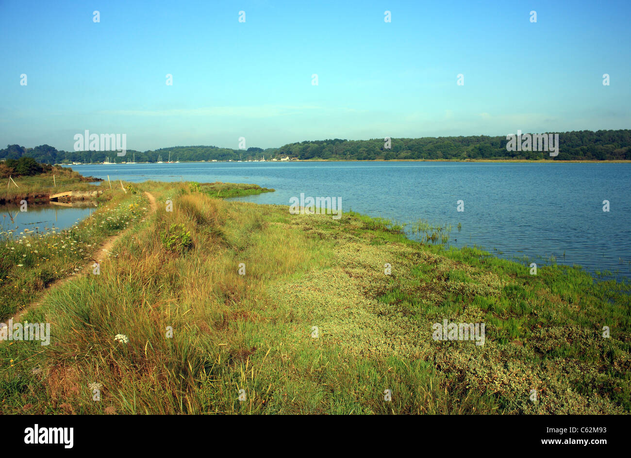 High tide and footpath at Baie de Kerdrean at Lanester, Baden, Morbihan ...