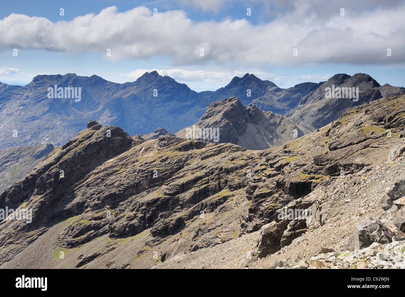 View over the dramatic jagged peaks of the Black Cuillin ridge from ...