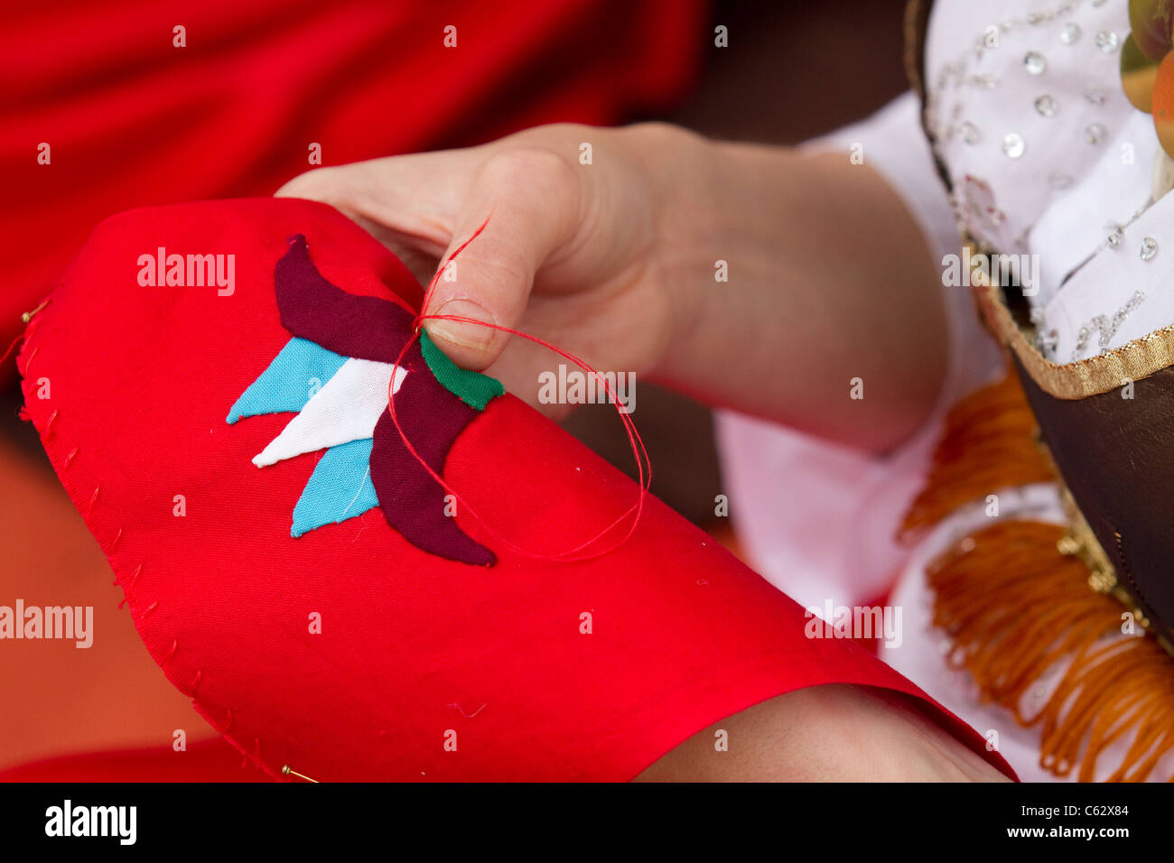 Woman stitching applying applique patches, background, design, vector ...