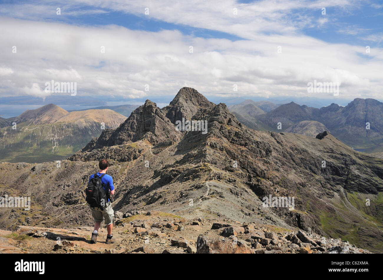 Walker on Bruach na Frithe, descending towards Sgurr a Fionn Choire, Am ...