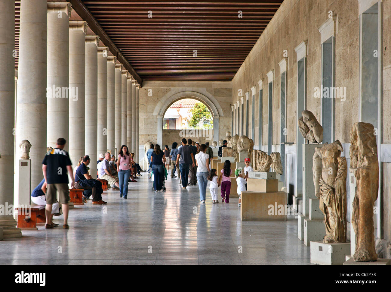 People walking in the Stoa ("gallery") of Attalos, one of the most ...