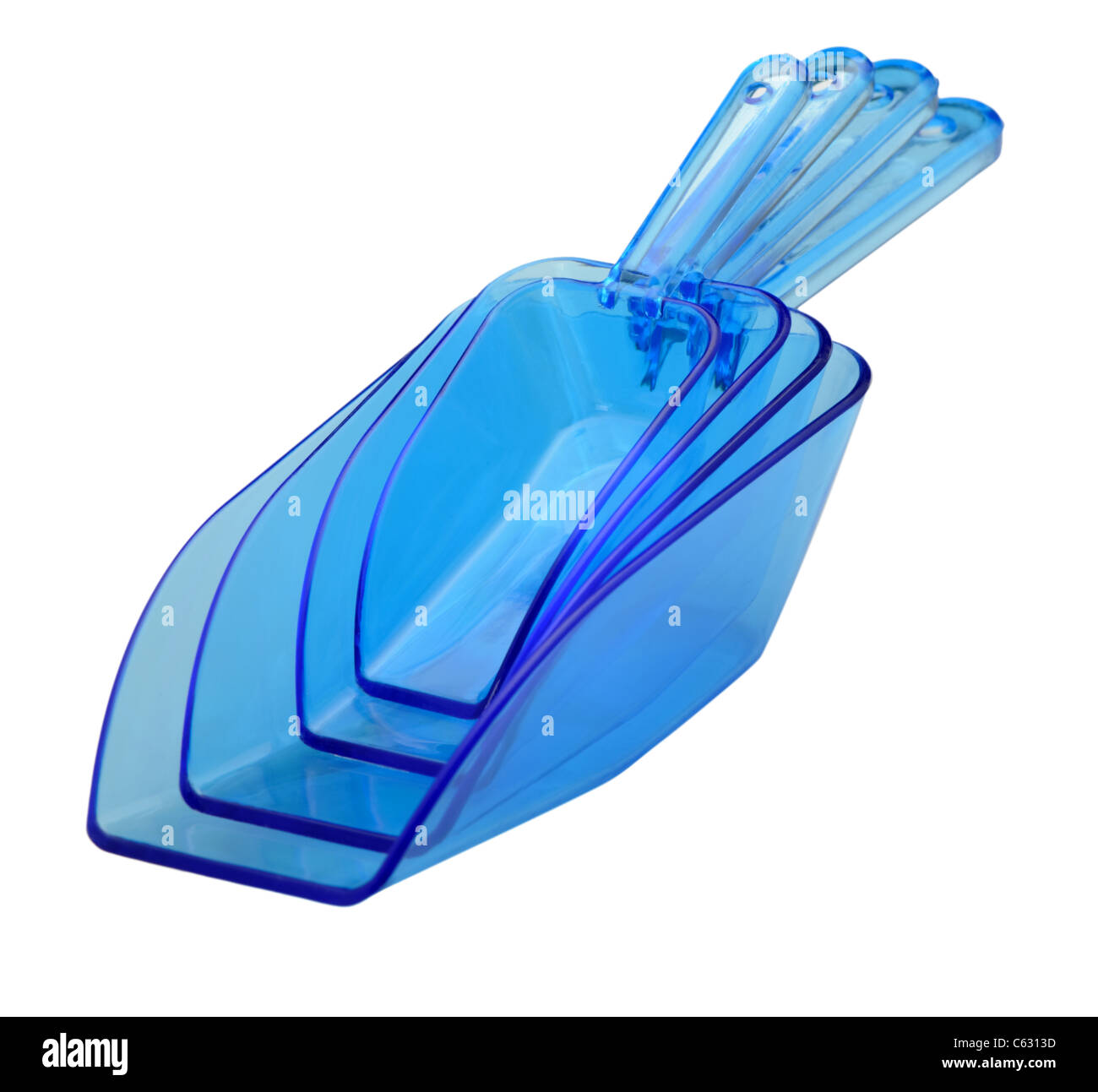 Scoops for food stuffs. Transparent, blue color Stock Photo - Alamy