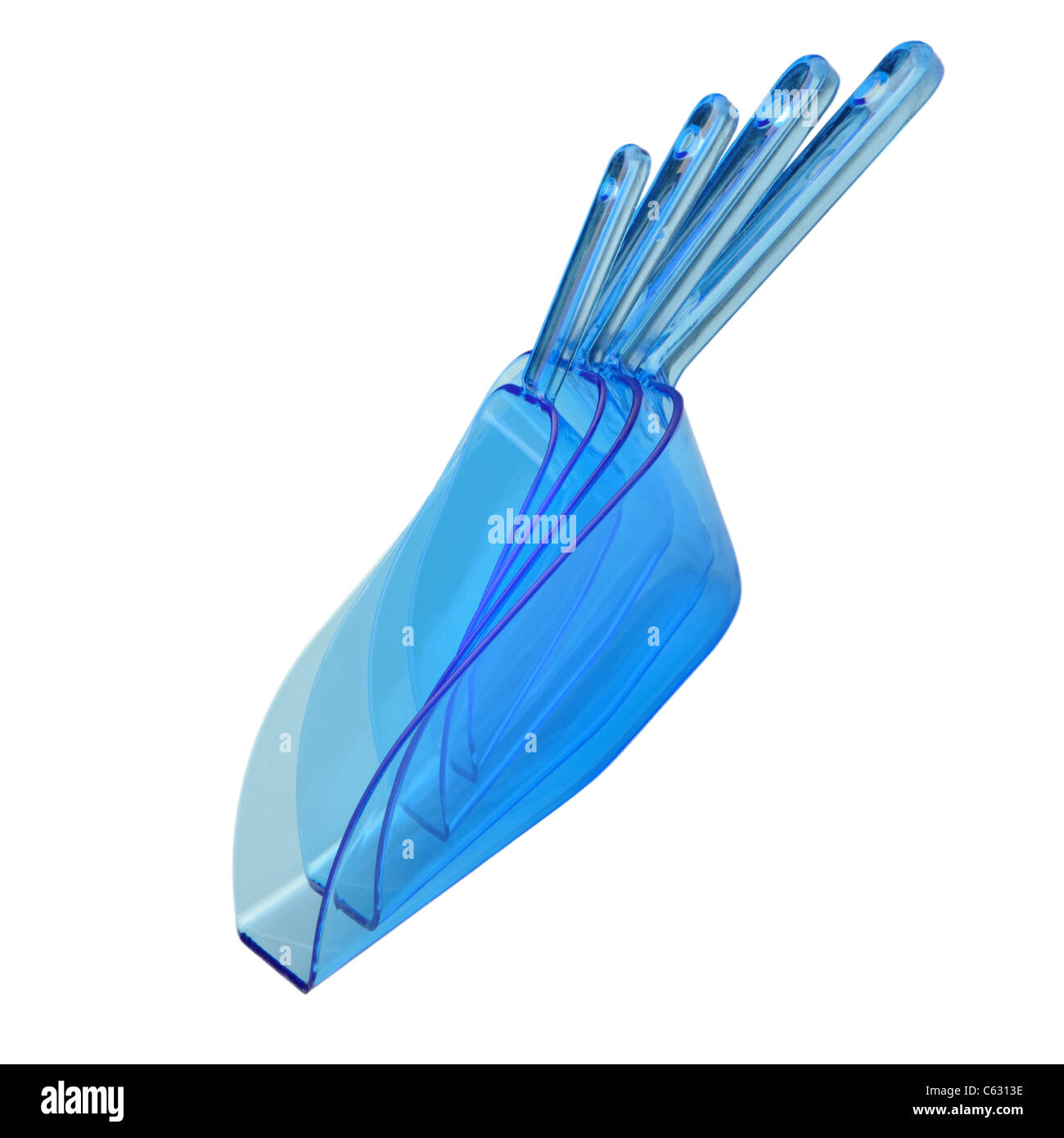 Scoops for food stuffs. Transparent, blue color Stock Photo - Alamy