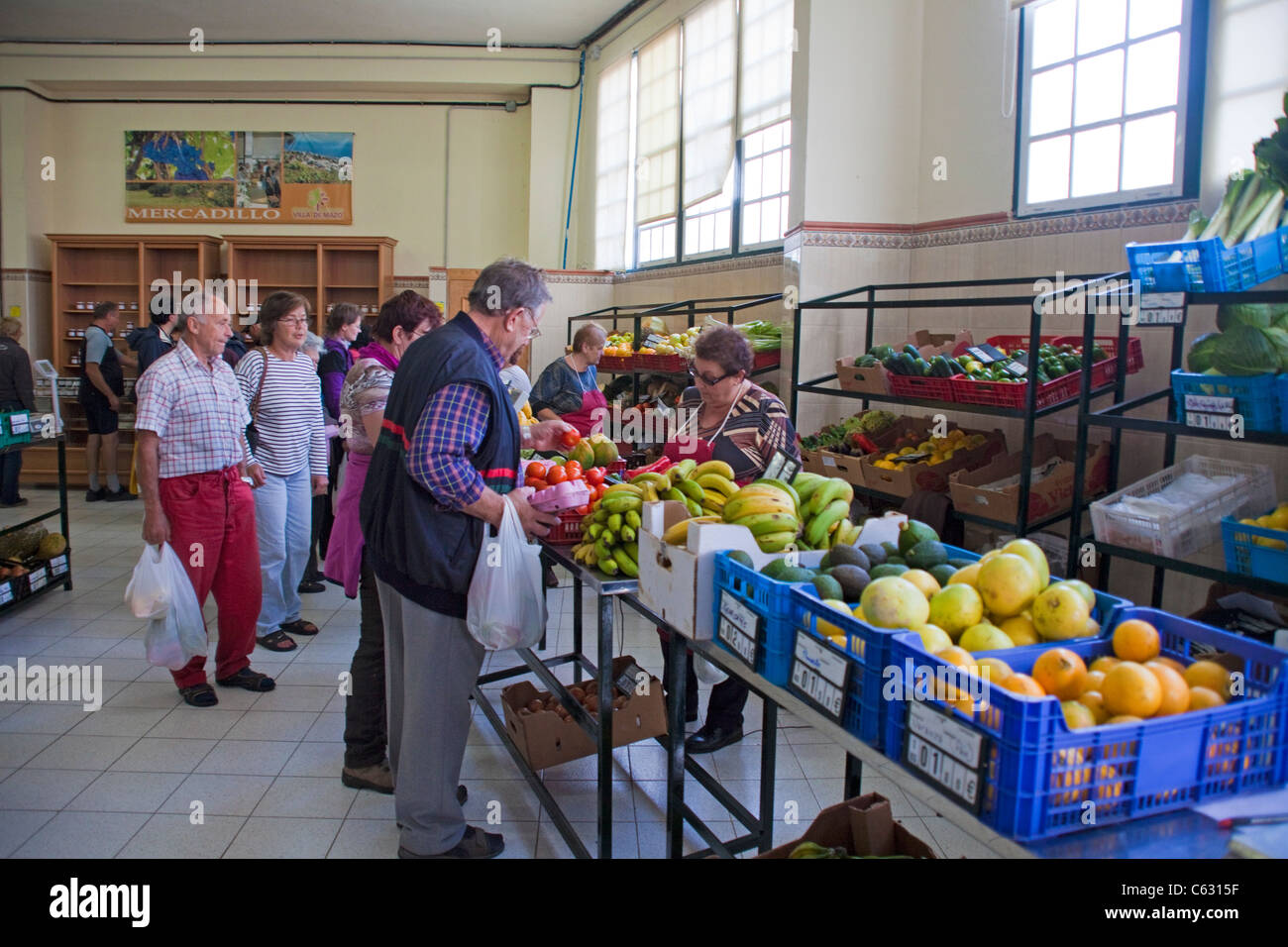 Market, people in the market hall of the village Mazo, La Palma, Canary ...