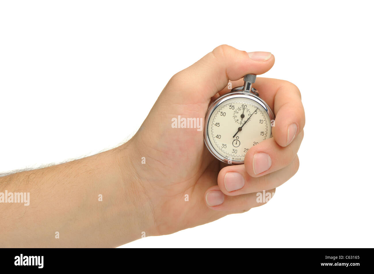 Man's hand with a stop watch. It is isolated on a white background ...