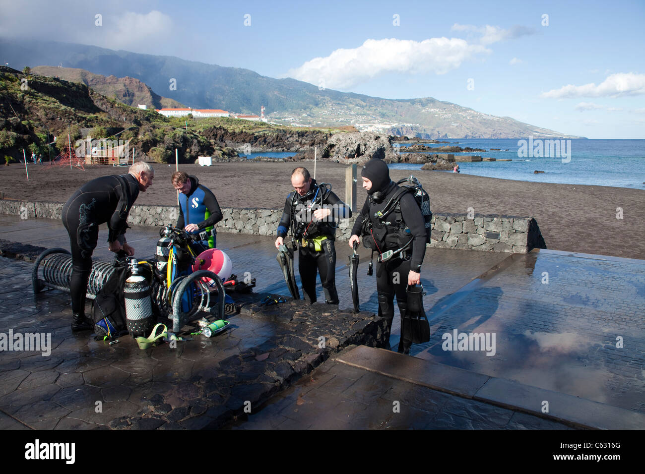 Scuba diver at the beach, shore diving at Playa Cancajos, La Palma ...