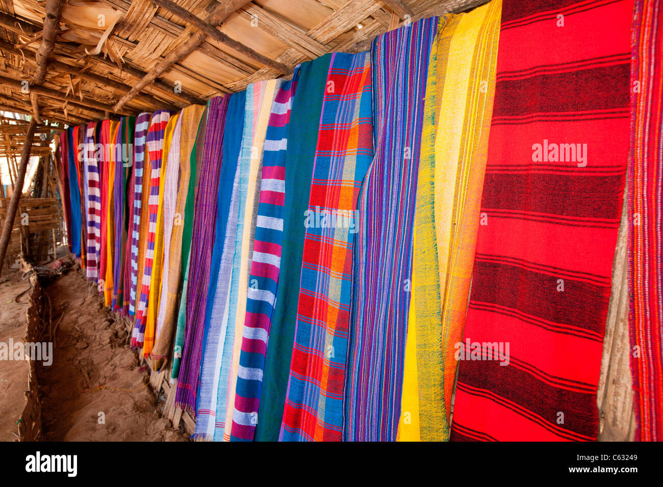 A colourful display of traditional scarves/ shammas woven at the ...