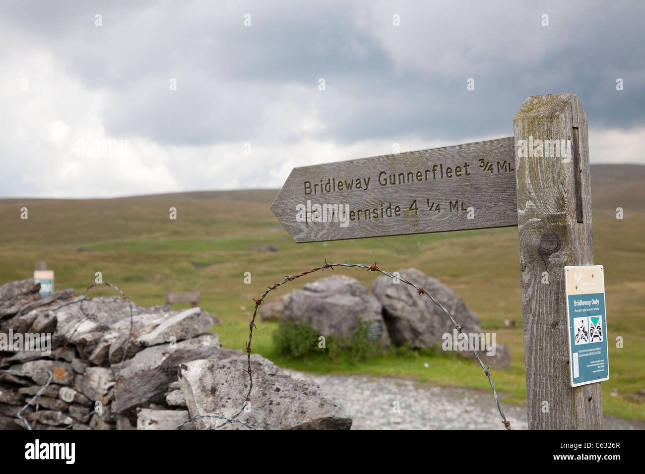 Traditional old wooden fingerpost sign in the Yorkshire Dales to ...