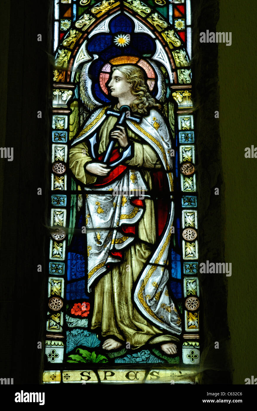 Stained glass depicting Spec (Hope) St. Michael and All Angels church ...