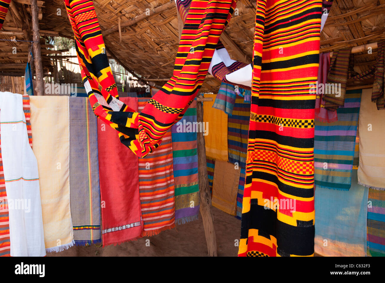 A colourful display of traditional scarves/ shammas woven at the ...