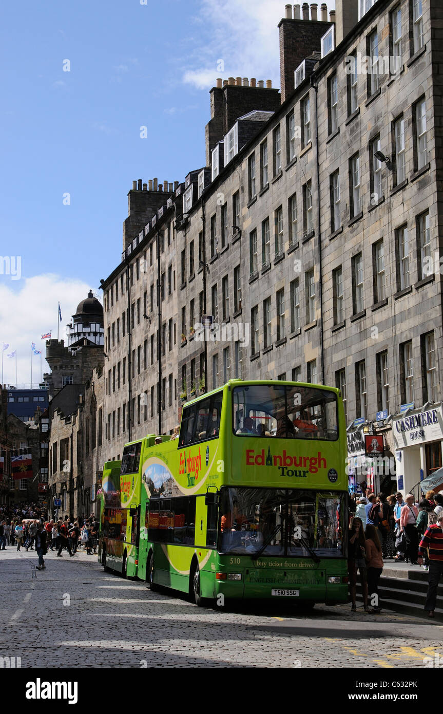 Edinburgh Scotland busy city centre tourists & tour buses on Lawnmarket ...