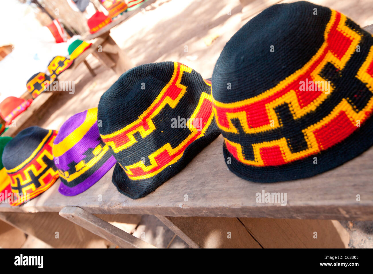 A colourful display of traditional hats woven at the village of Chencha ...