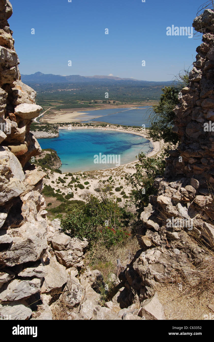 View of Voidokilia Bay from the Old Frankish castle (Paliokastro Stock ...