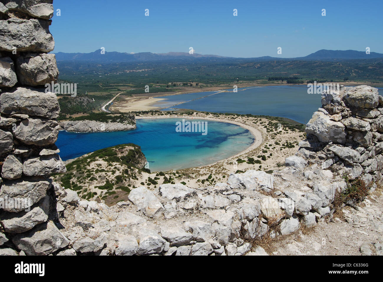 View of Voidokilia Bay from the wall of the Old Frankish castle ...