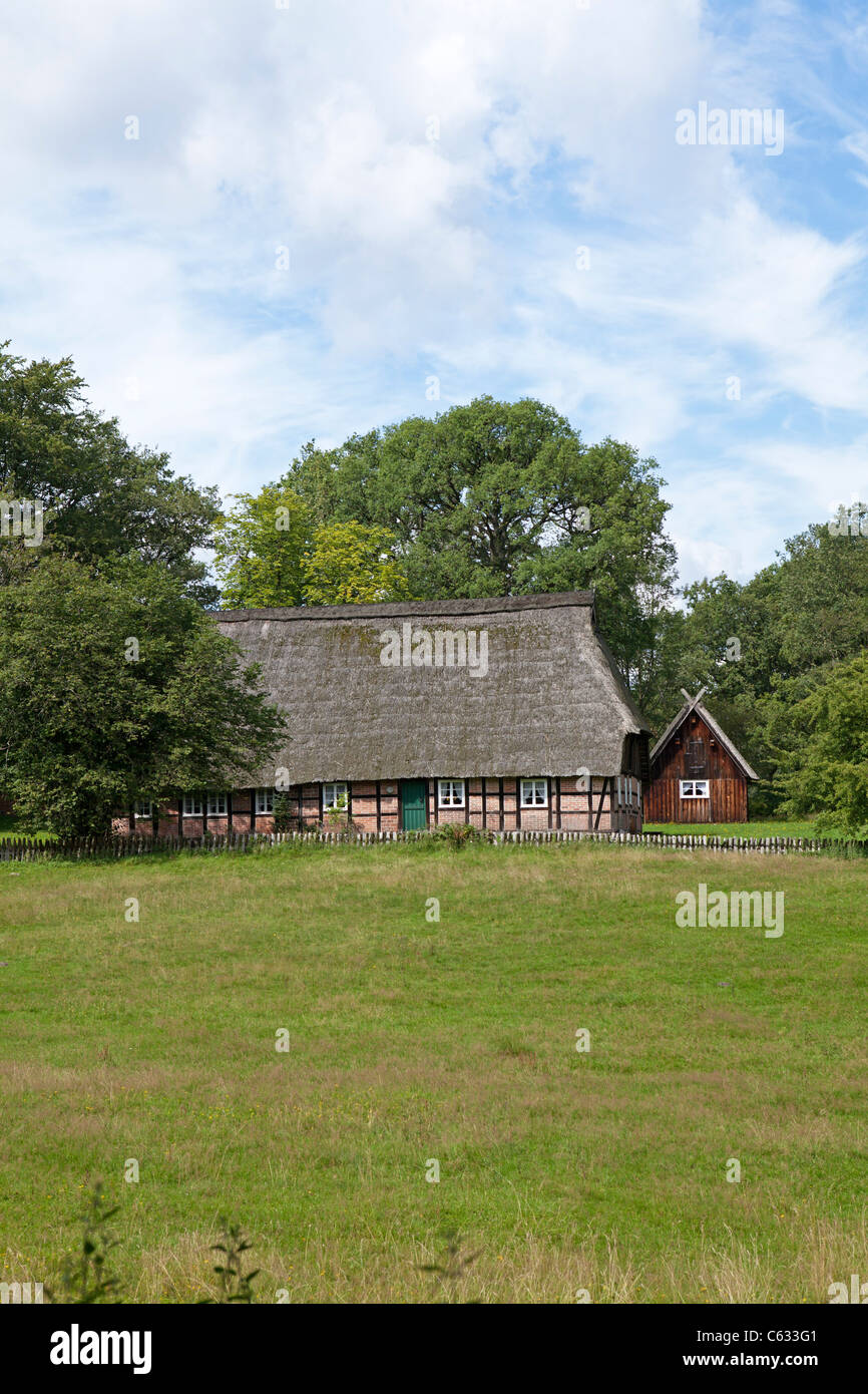 thatched farmhouse, Wilsede, Lueneburg Heath, Lower Saxony, Germany ...