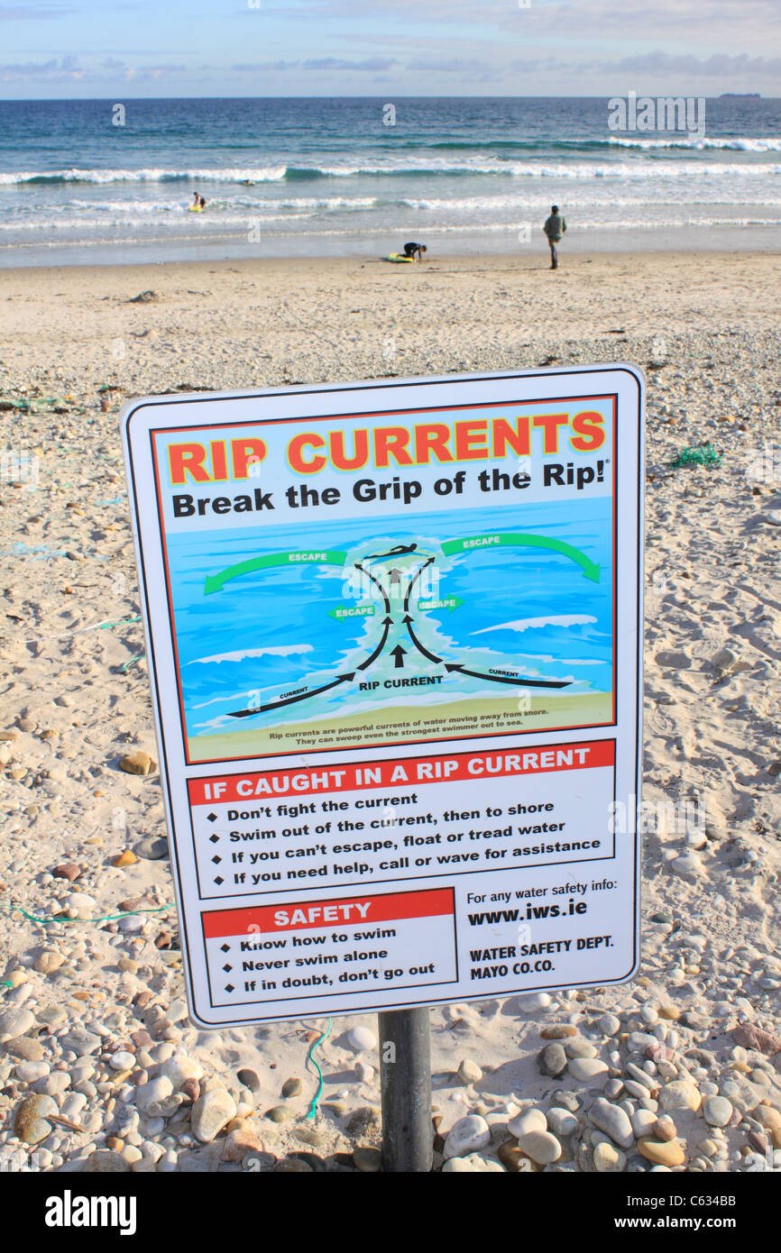 Rip Current warning sign on the beach at Keel, Achill Island, Ireland ...