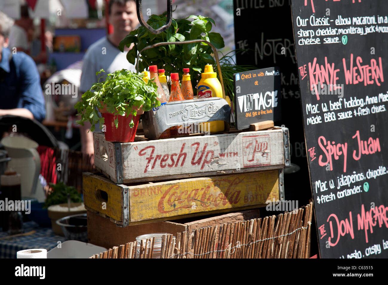 Wooden boxes containing herbs and food items on display at Borough ...