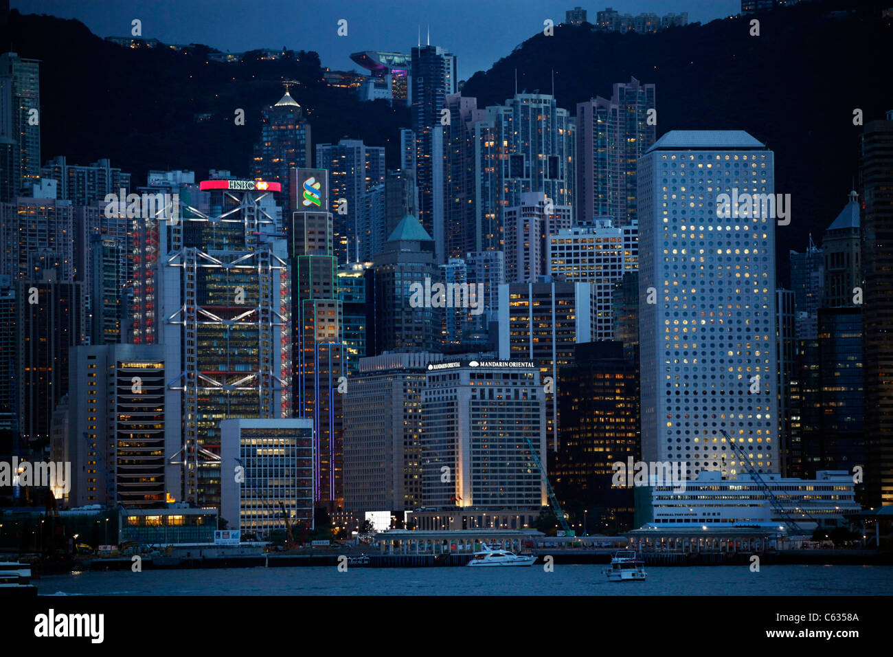 General view of Hong Kong harbour city skyline lights at night in Hong ...