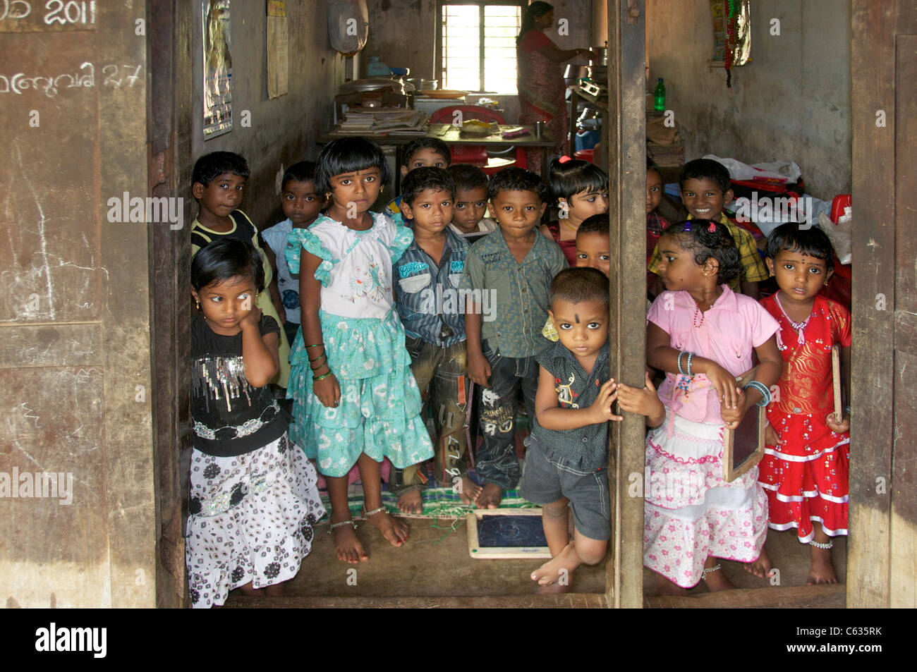 Pre school children Emerald Isle Backwaters Kerala South India Stock ...