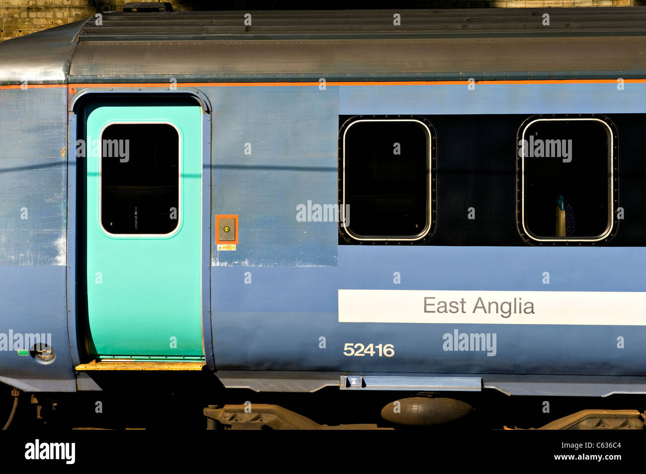 Side View of an East Anglia Trains Railway Carriage showing the company ...