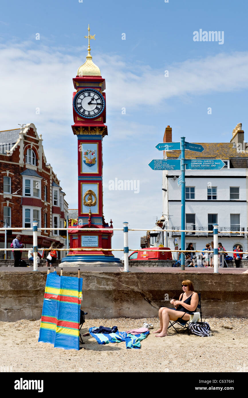 The Weymouth, Jubilee Clock Tower seen from the beach in Dorset, UK ...