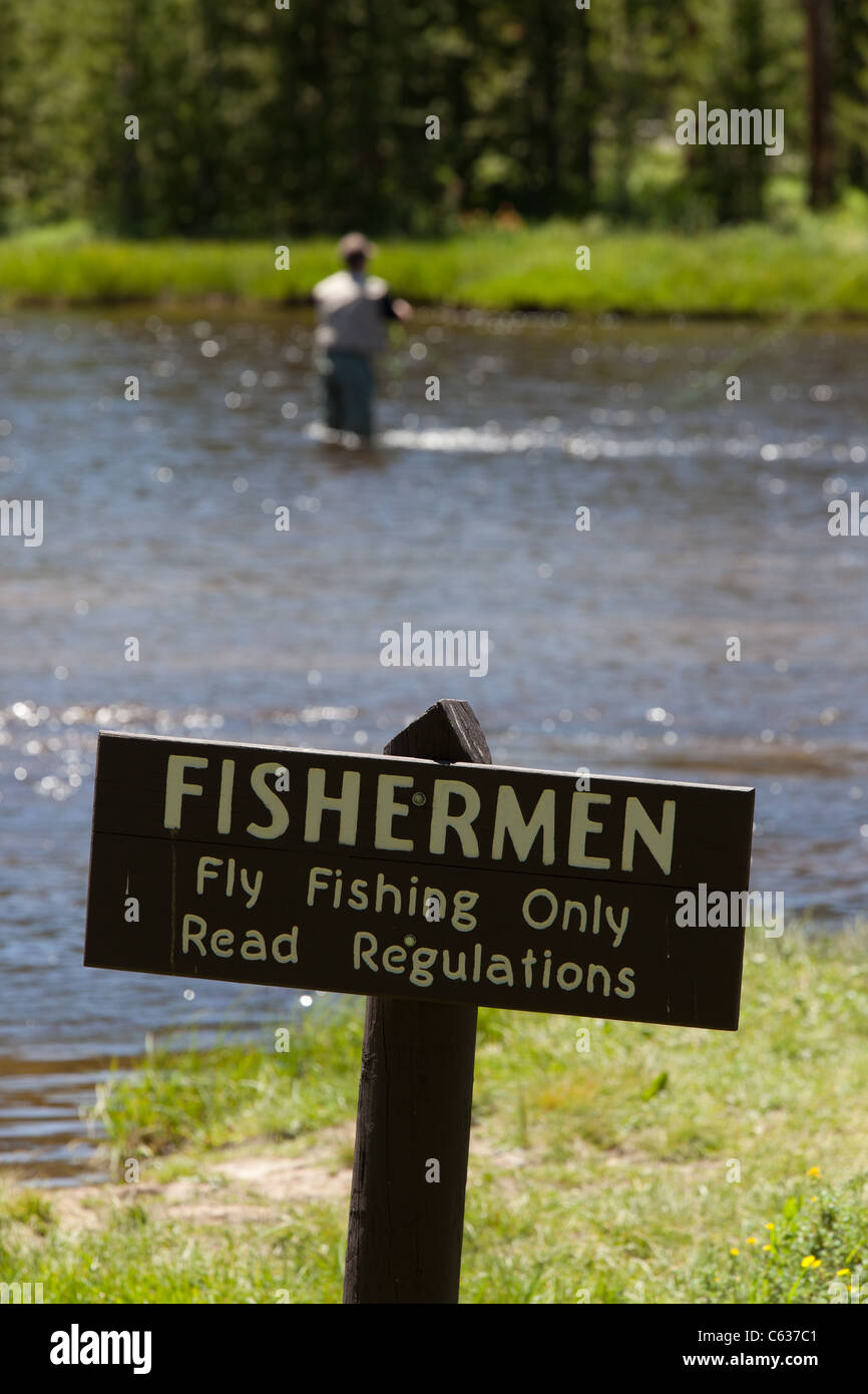 Fly Fishing only sign located on the Firehole in Yellowstone Stock ...