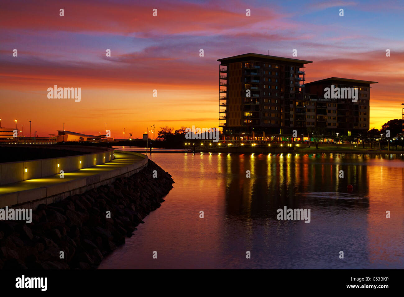 Recreation Lagoon and apartments at sunset, Darwin Waterfront Precinct ...