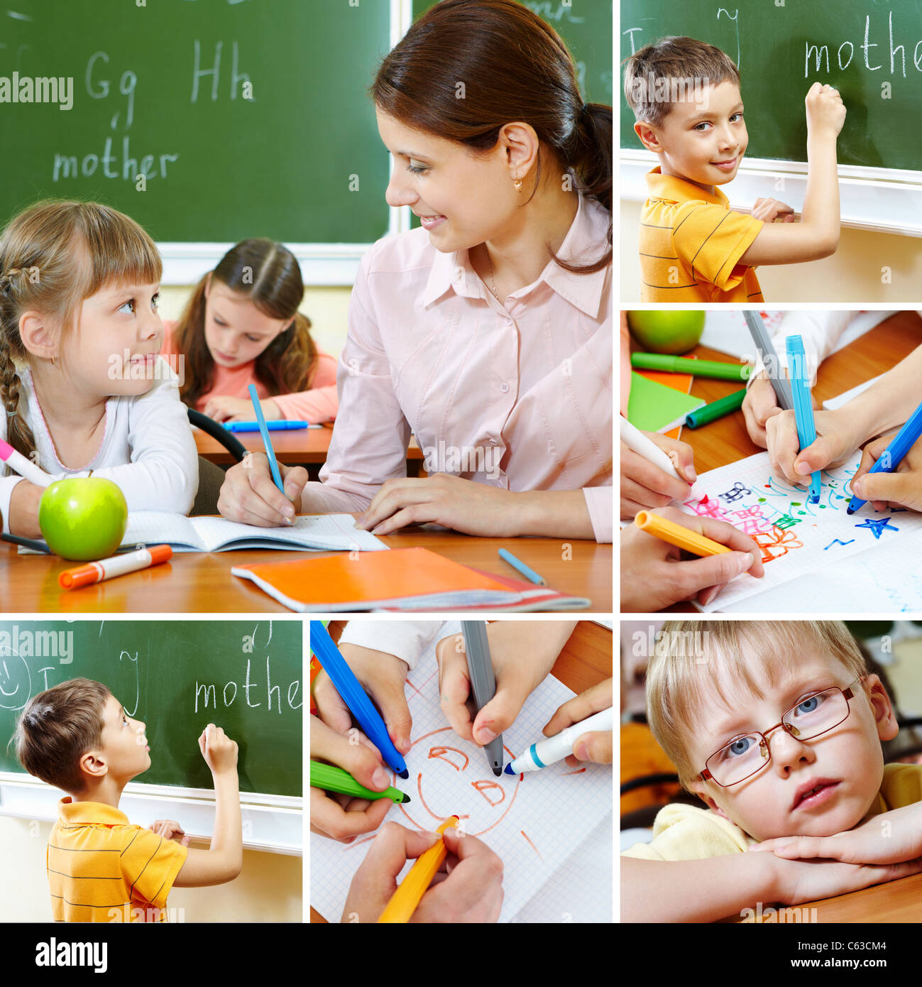 Collage of pupils and their teacher in classroom at lesson Stock Photo ...