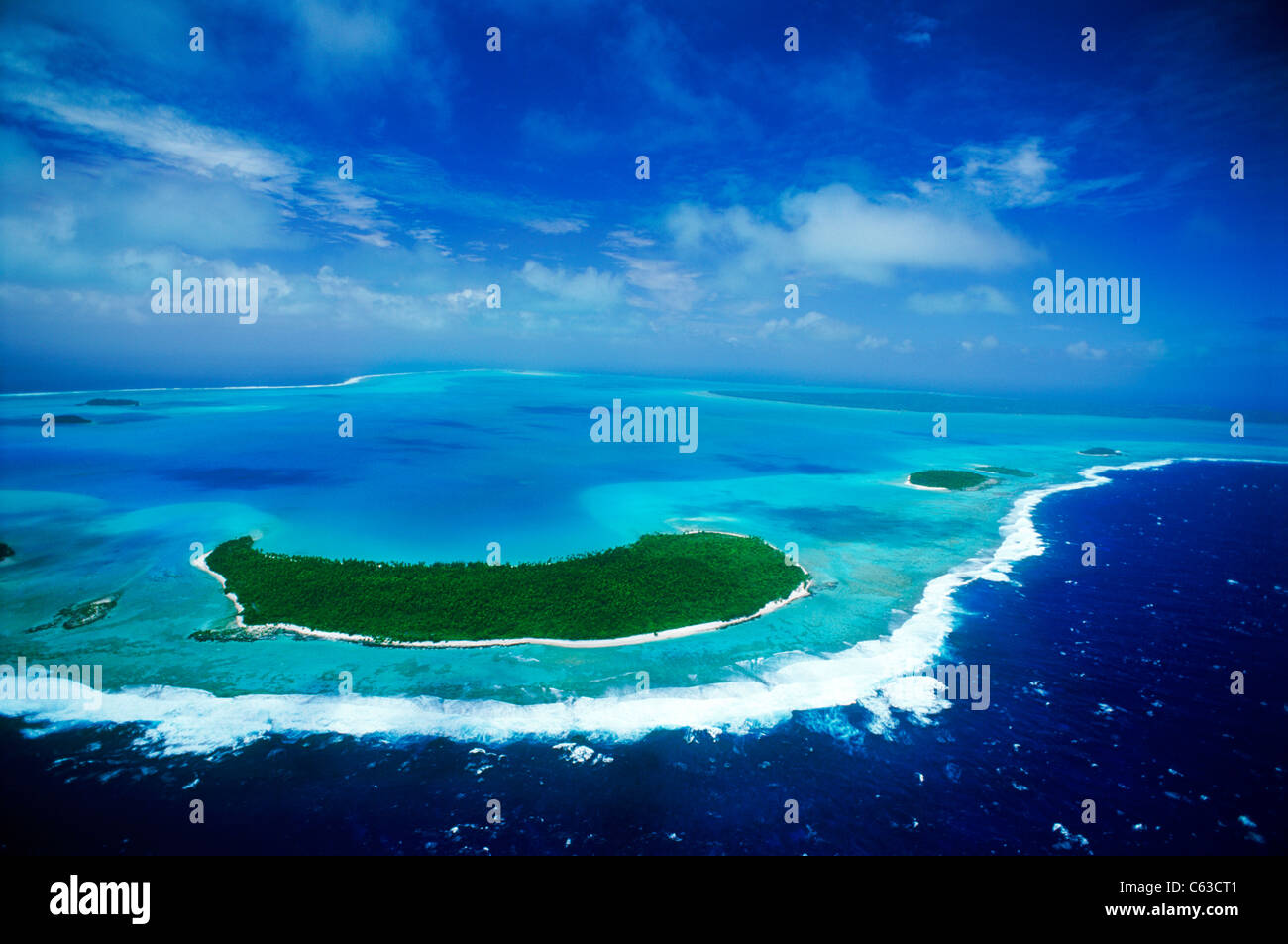 Aerial view of Aitutaki atoll and lagoon in Cook Islands South Pacific ...
